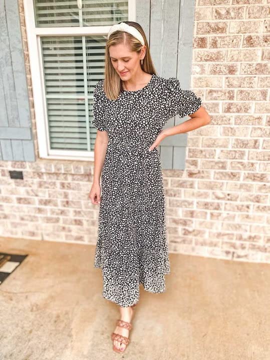 GRECERELLE Women Dress, Summer Casual Loose Crew Neck Boho, Leopard Dot Ruffle Puff Sleeve, High Waist Midi Beach Dress