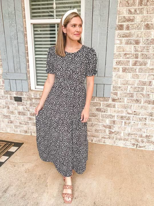 GRECERELLE Women Dress, Summer Casual Loose Crew Neck Boho, Leopard Dot Ruffle Puff Sleeve, High Waist Midi Beach Dress