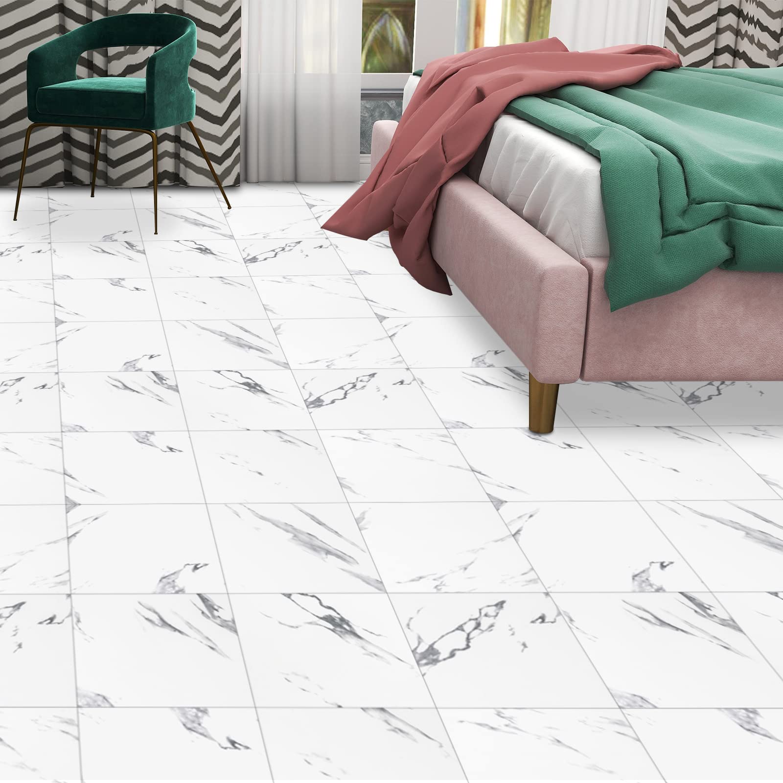 Peel and Stick Floor Tile White Marble Look Vinyl Flooring Peel and Stick Waterproof and Durable Self-Adhesive and Removable DIY Flooring for Transfer Bathroom Kitchen Rentals 12 inch