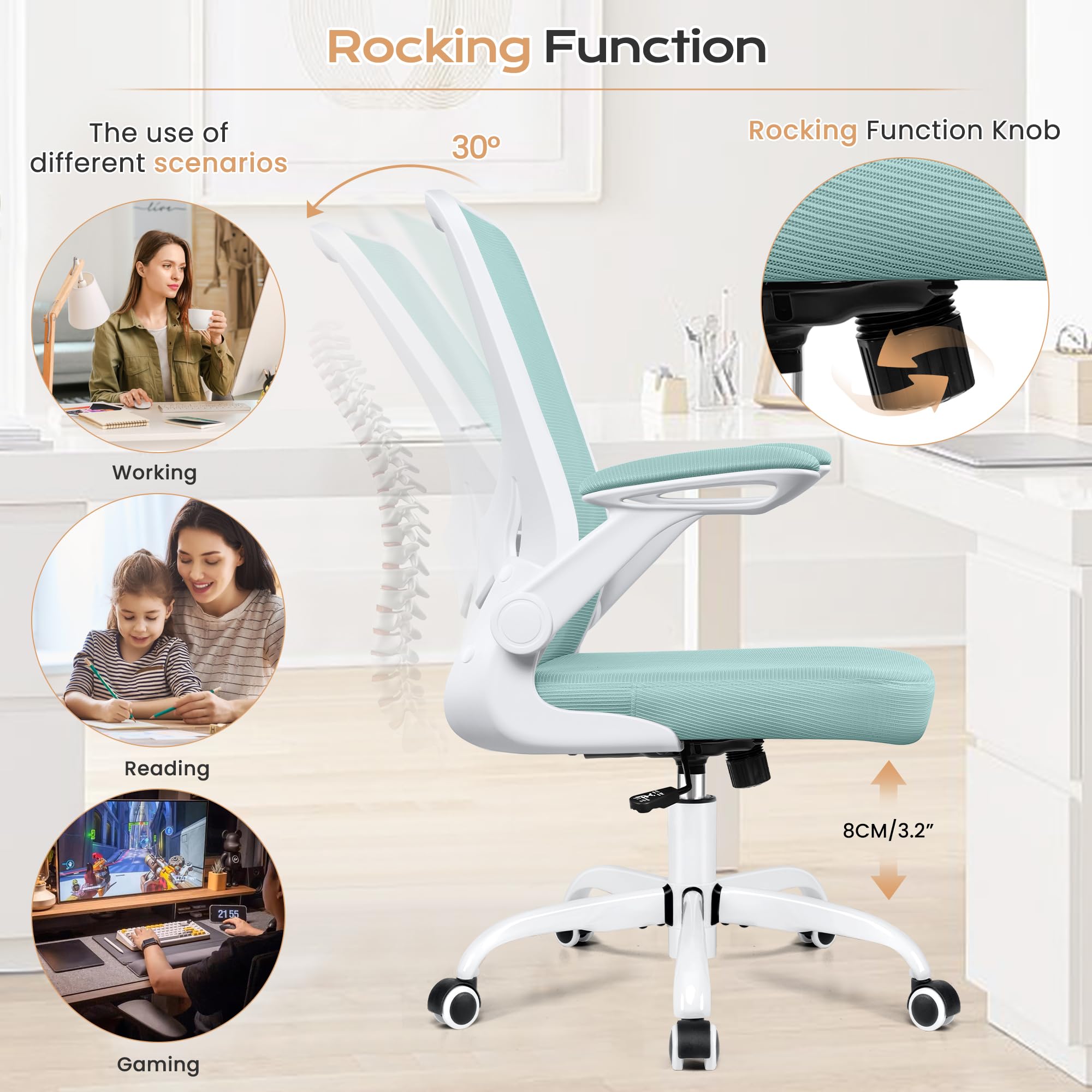 KERDOM Ergonomic Mesh Office Chair with Lumbar Support, Flip-up Arms & Swivel Feature - Adjustable Height Home/Gaming Chair (LightBlue)