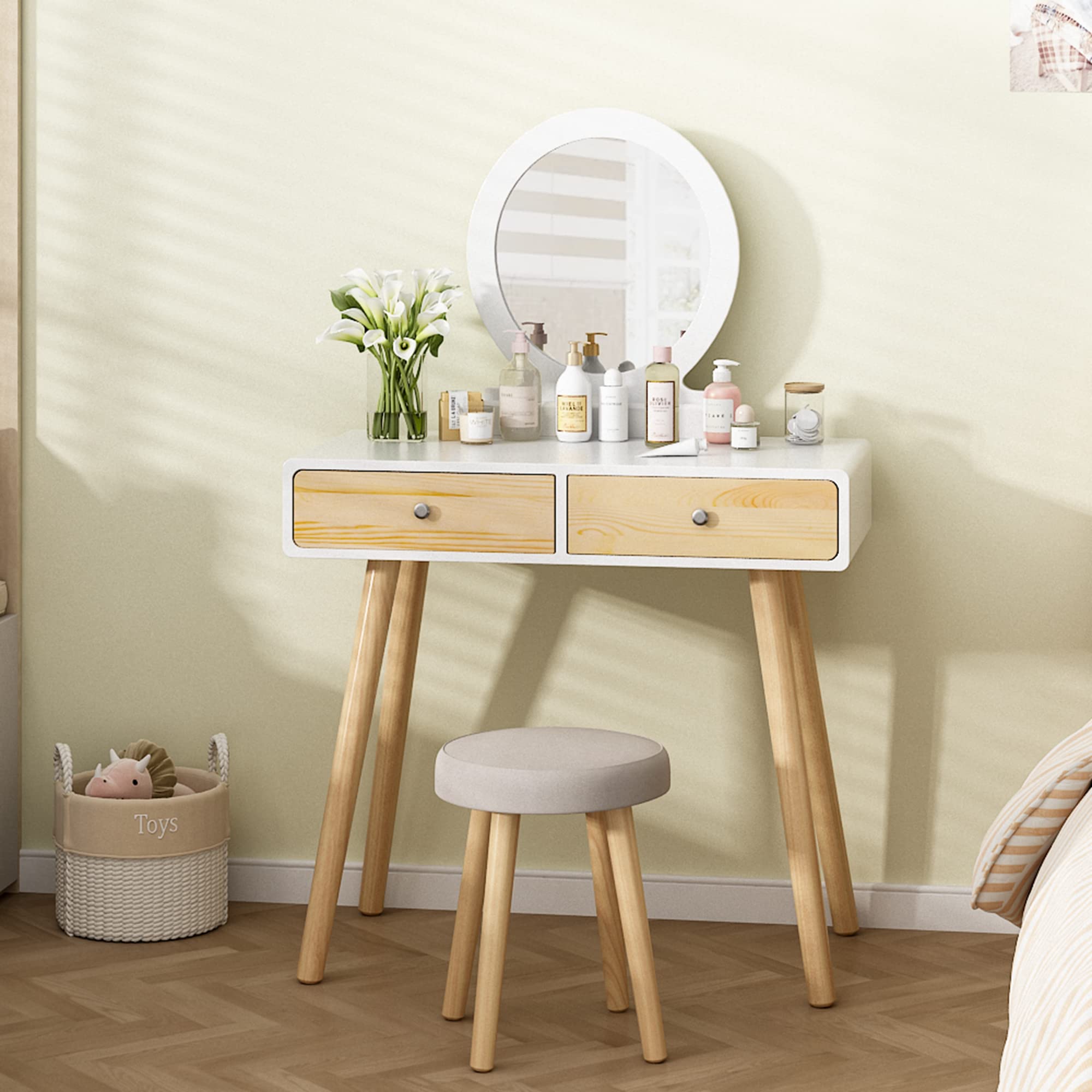 JAXPETY Classic 2-Drawers Girls Vanity Table Set with Mirror and Cushioned Stool, French Countryside Style Dsign Makeup Dressing Table Bedroom Organizer for Girls Women, White