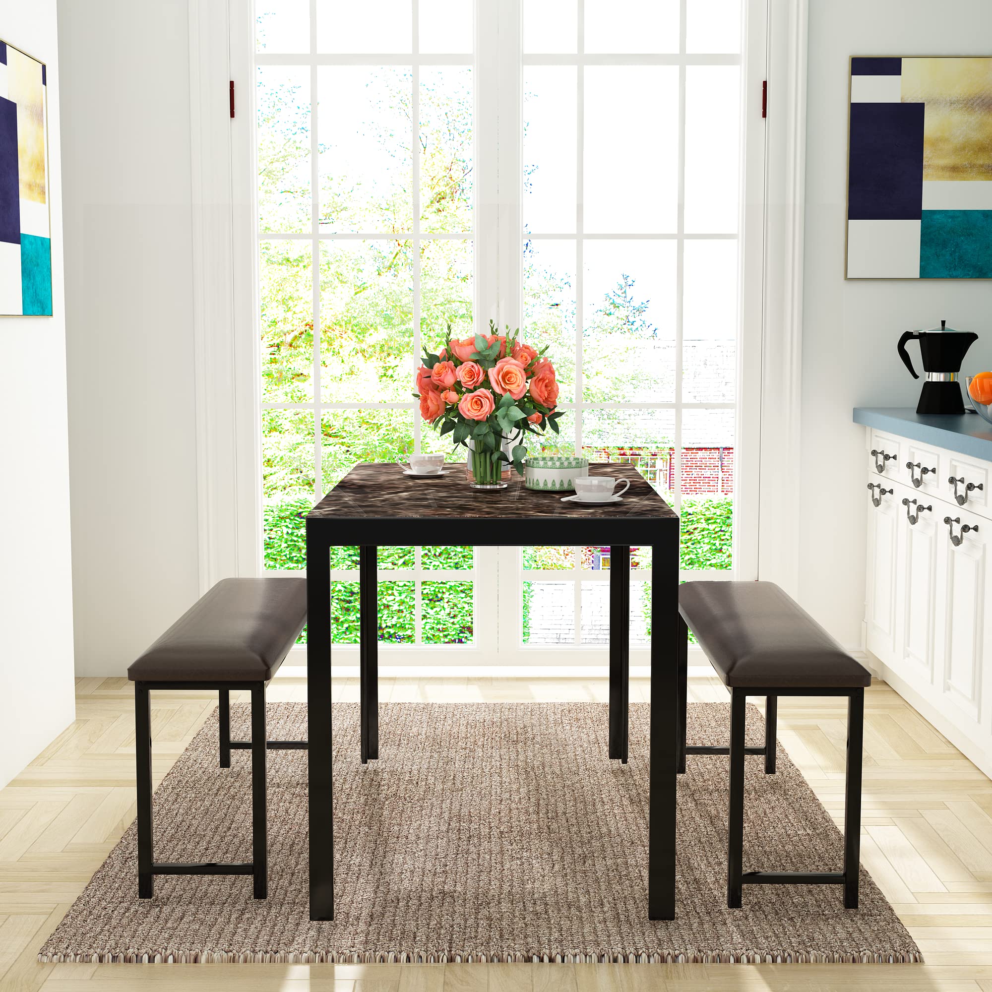 Lamerge Kitchen Tables Set for 4, Dining Faux Marble Table and 2 PU Leather Upholstered Bench, 3 Piece Dining Room Table Set for Small Space, Breakfast Nook and Apartment, Brown (Dining Table016)