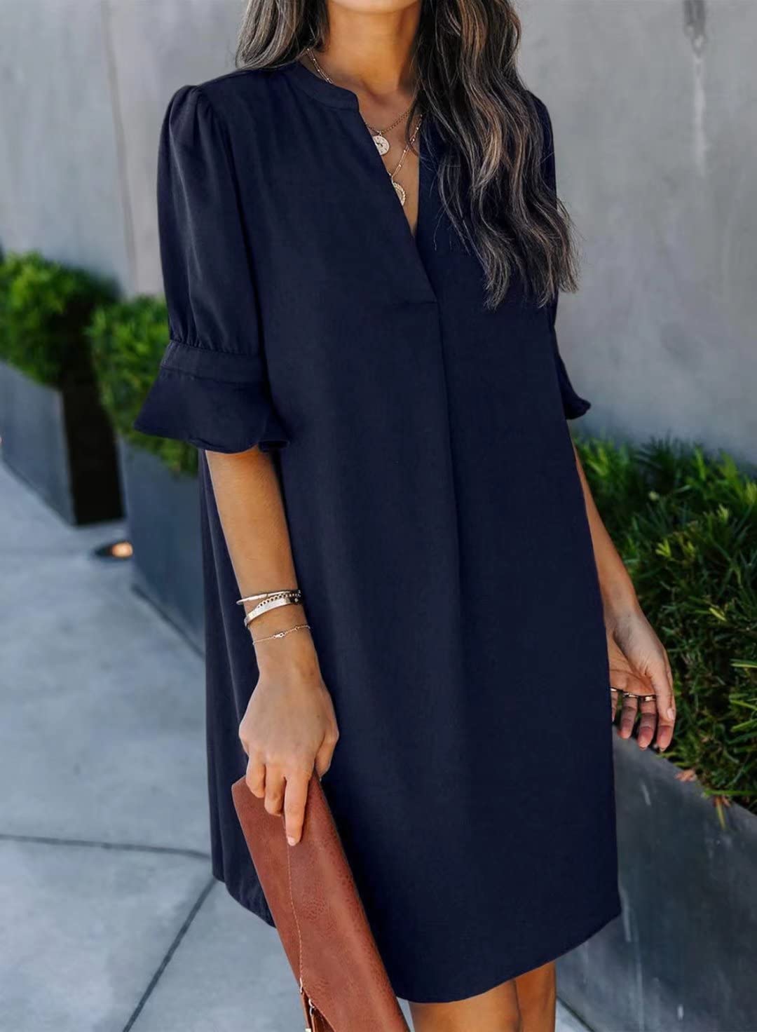 Wkior Women's Shift Dresses Elegant Summer V Neck Casual Flowy Swing Dress Blue S