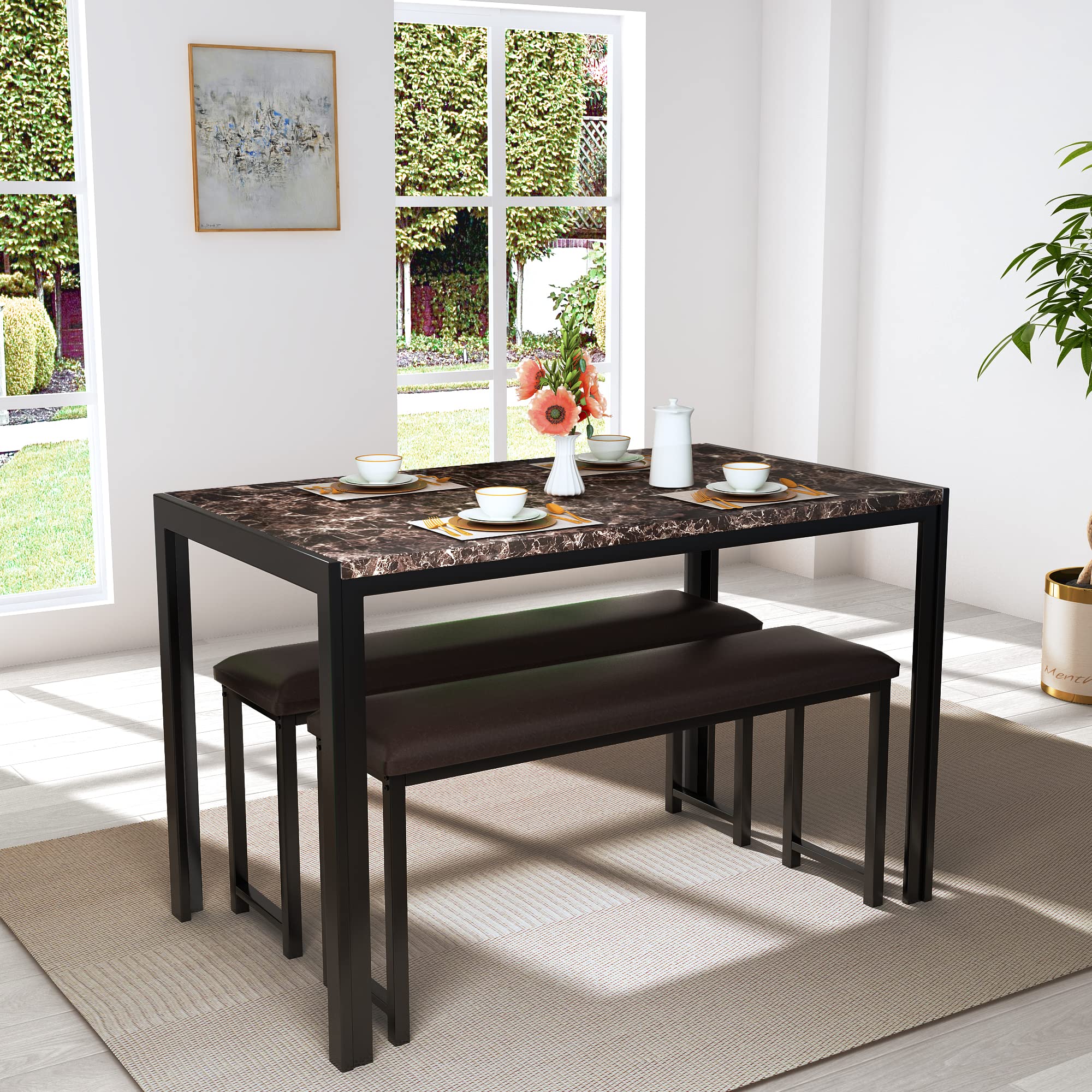Lamerge Kitchen Tables Set for 4, Dining Faux Marble Table and 2 PU Leather Upholstered Bench, 3 Piece Dining Room Table Set for Small Space, Breakfast Nook and Apartment, Brown (Dining Table016)