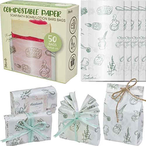 Soap Packaging 50 Packs Paper Bags for Soap Making, Lotion bar, Bath bomb, Lipstick, essential oil, Gift, Crafts, Party Favor, Aromatherapy Product Merchandise, Wedding Gift Bags(7.3"x3.5"x1.6")
