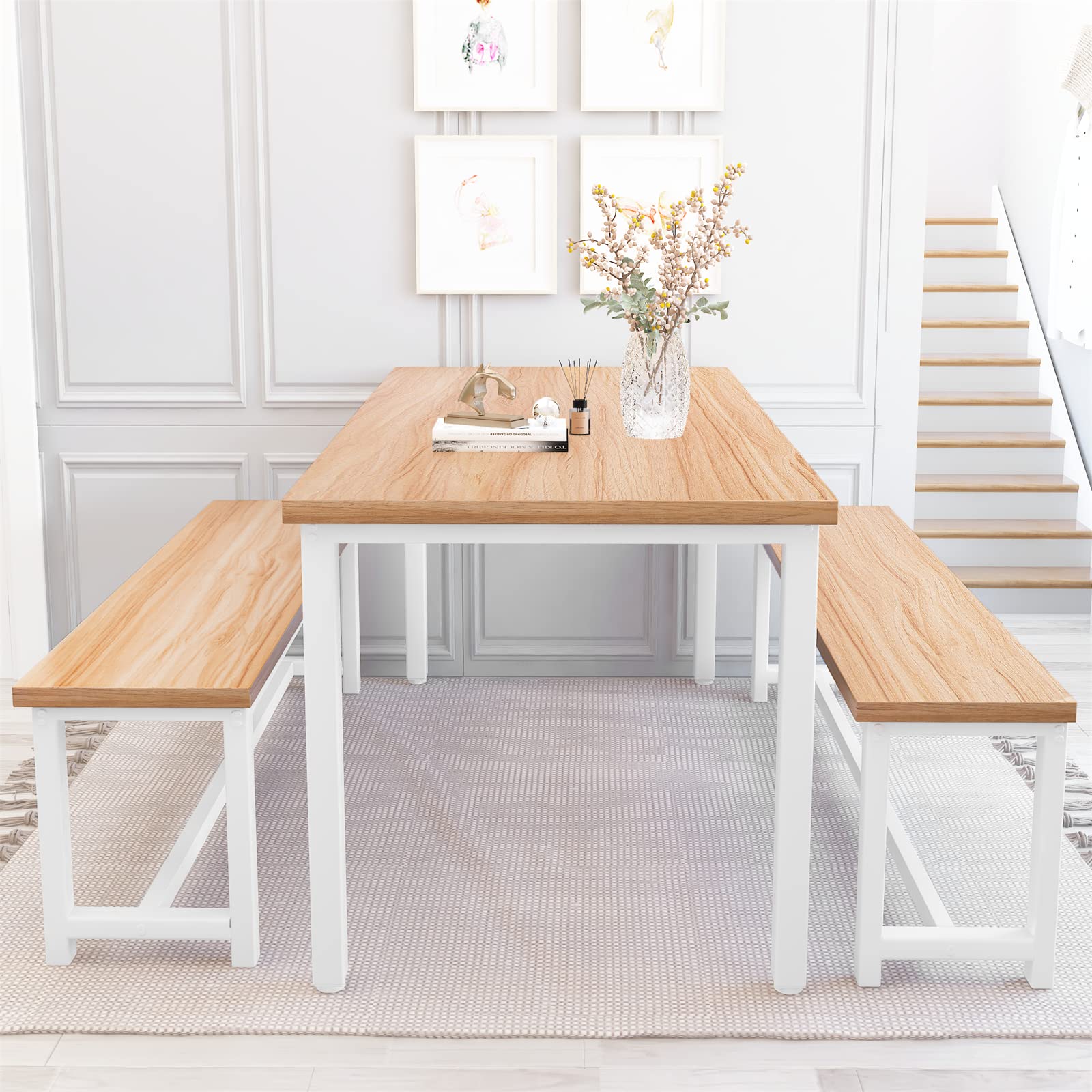 Recaceik 47” Dining Table Set with Benches, 3 Pieces Dining Room Table Set for 4, Wood Kitchen Table and Chair Set, Space Saving Dinette Set for Breakfast Nook, Dining Room, Beige