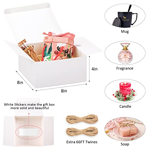 HLWDFLZ White Gift Boxes 12 Pack 8x8x4 Inches Paper Box, Gift Boxes with Lids, Wedding Present Box, Bridesmaid Proposal Box, Birthday Party Favor Box, Christmas Box with 66ft Twine and 12 clear stickers