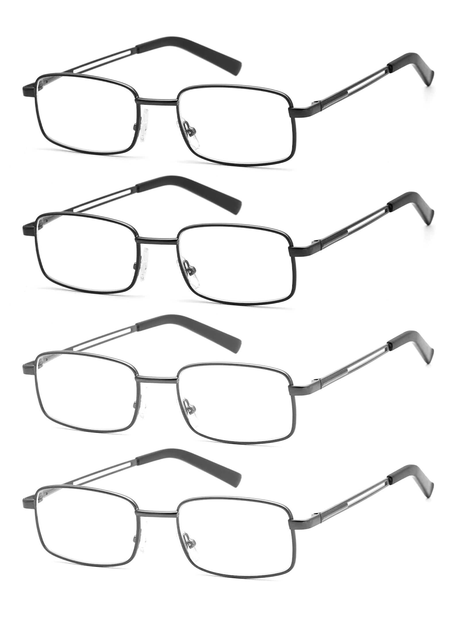 HIGHLIKE 4-Pack Reading Glasses Men, Women Metal Stainless Flex Readers with Soft Cases, Clear Lens Blue Light Glasses, 2 Black 2 Gunmetal 3.5 x