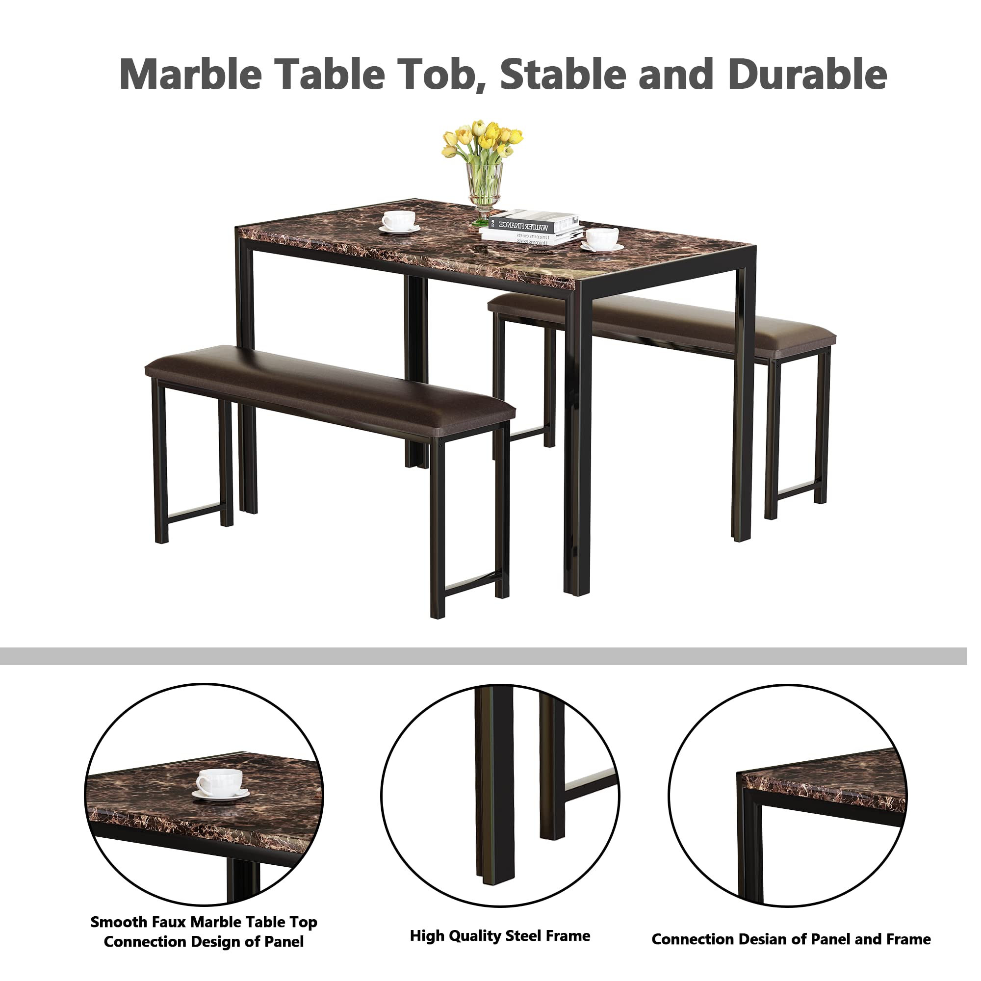 Lamerge Kitchen Tables Set for 4, Dining Faux Marble Table and 2 PU Leather Upholstered Bench, 3 Piece Dining Room Table Set for Small Space, Breakfast Nook and Apartment, Brown (Dining Table016)