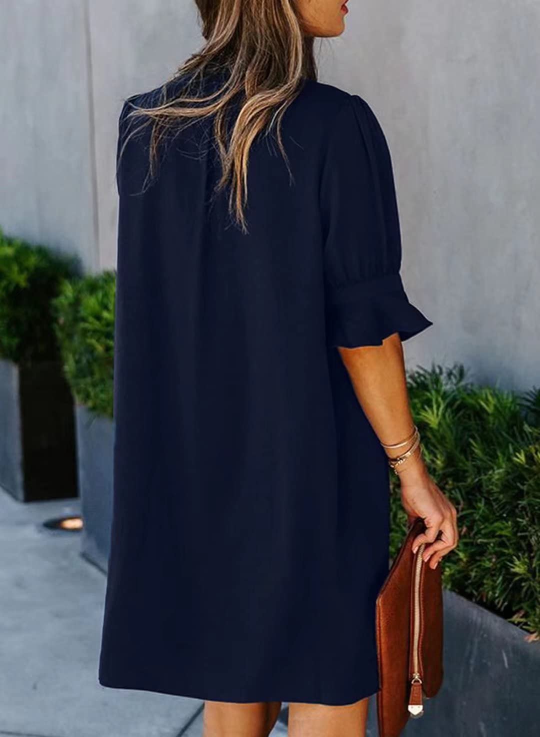 Wkior Women's Shift Dresses Elegant Summer V Neck Casual Flowy Swing Dress Blue S