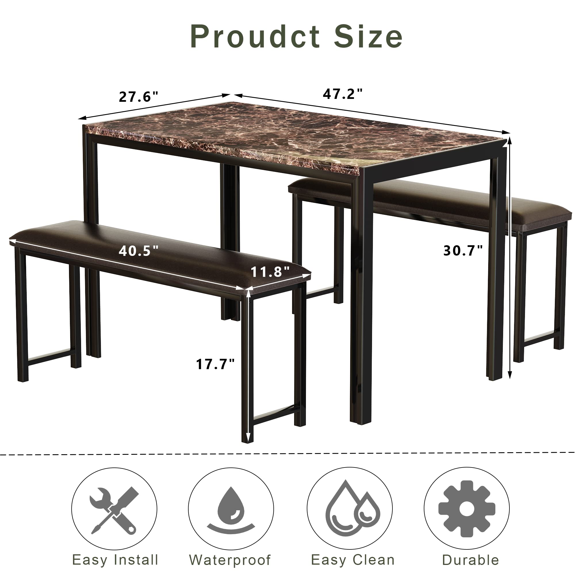 Lamerge Kitchen Tables Set for 4, Dining Faux Marble Table and 2 PU Leather Upholstered Bench, 3 Piece Dining Room Table Set for Small Space, Breakfast Nook and Apartment, Brown (Dining Table016)