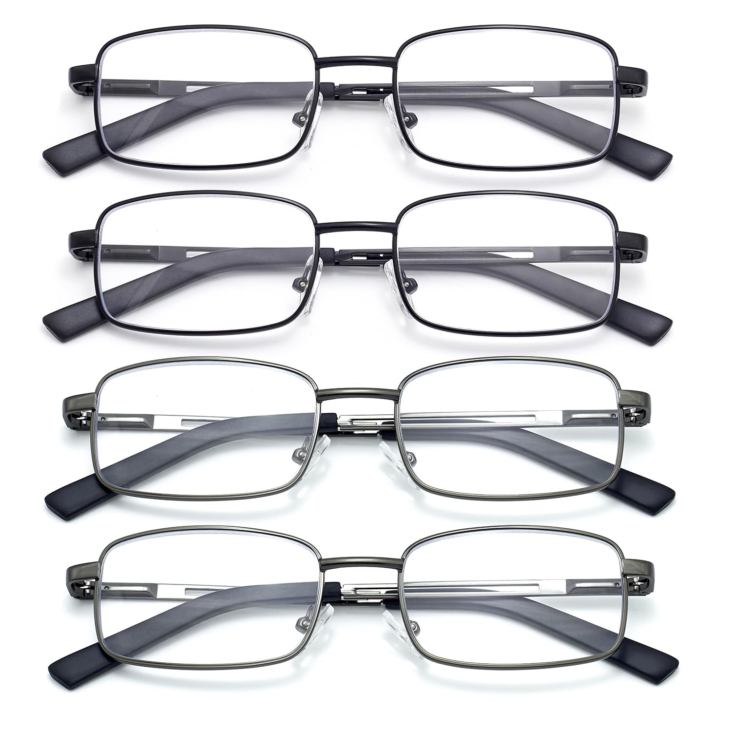 HIGHLIKE 4-Pack Reading Glasses Men, Women Metal Stainless Flex Readers with Soft Cases, Clear Lens Blue Light Glasses, 2 Black 2 Gunmetal 3.5 x