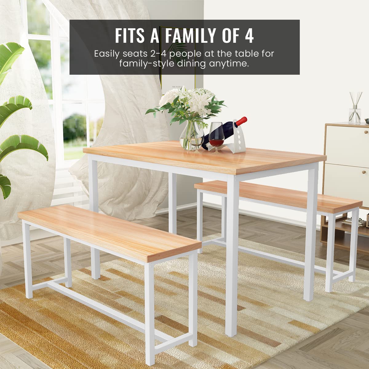 Recaceik 47” Dining Table Set with Benches, 3 Pieces Dining Room Table Set for 4, Wood Kitchen Table and Chair Set, Space Saving Dinette Set for Breakfast Nook, Dining Room, Beige