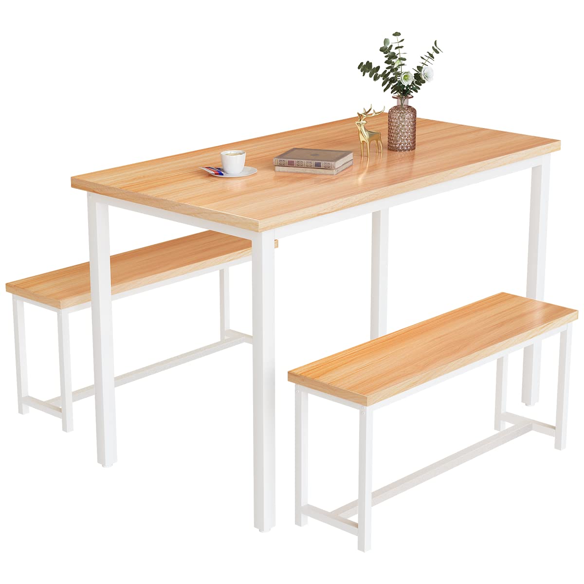 Recaceik 47” Dining Table Set with Benches, 3 Pieces Dining Room Table Set for 4, Wood Kitchen Table and Chair Set, Space Saving Dinette Set for Breakfast Nook, Dining Room, Beige