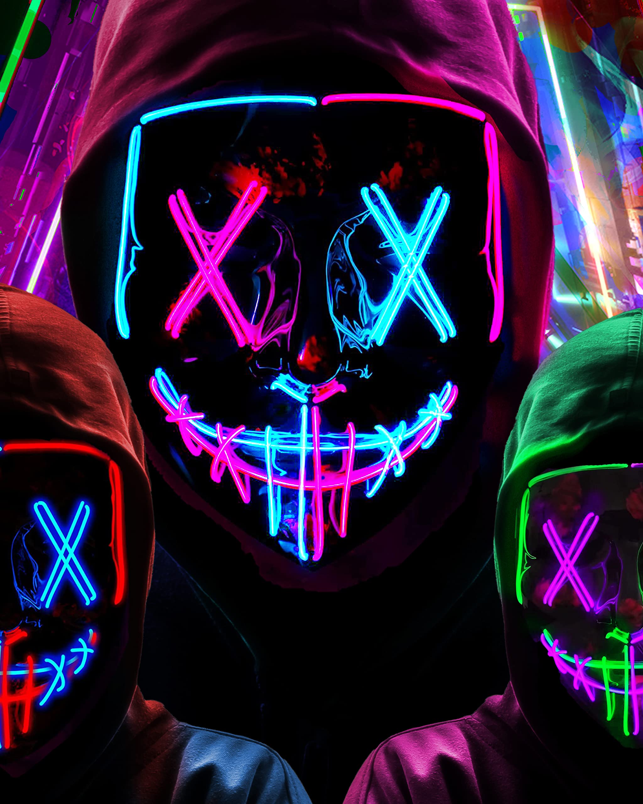 longpo Halloween Purge Mask for Adults Led Light Up Scary Mask Cosplay Costume for Halloween Festival Masquerade Carnival Party (multicolour blue & purple)