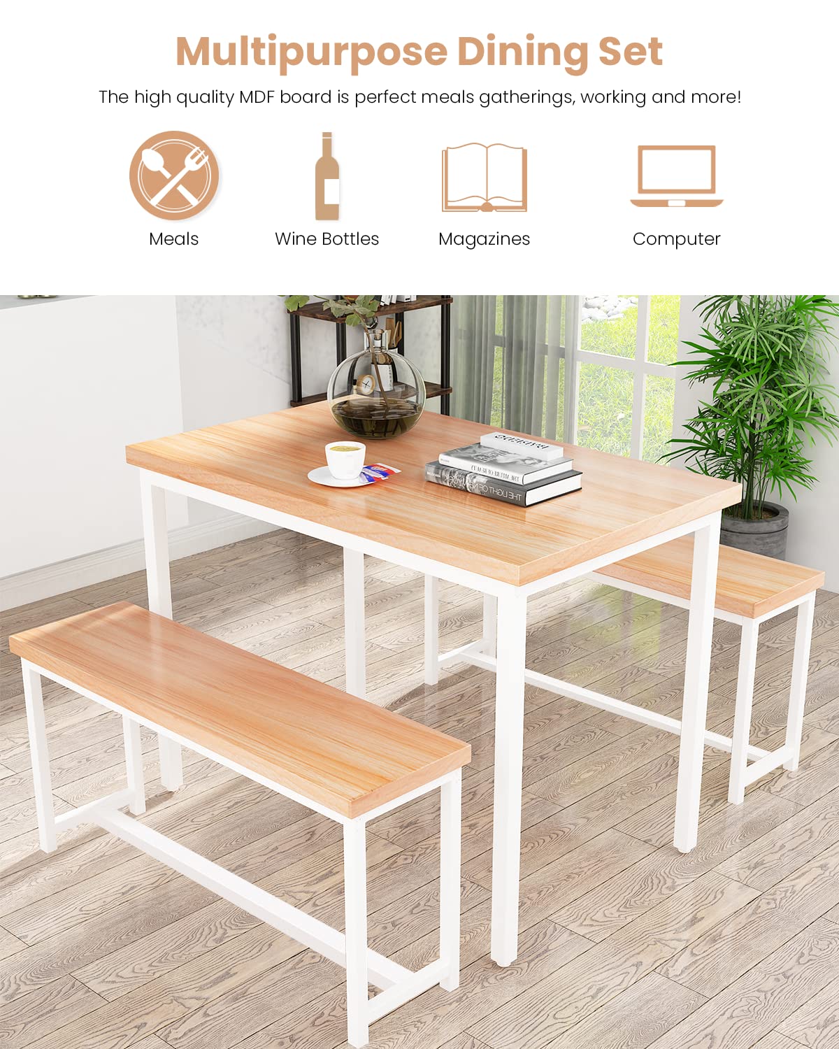 Recaceik 47” Dining Table Set with Benches, 3 Pieces Dining Room Table Set for 4, Wood Kitchen Table and Chair Set, Space Saving Dinette Set for Breakfast Nook, Dining Room, Beige