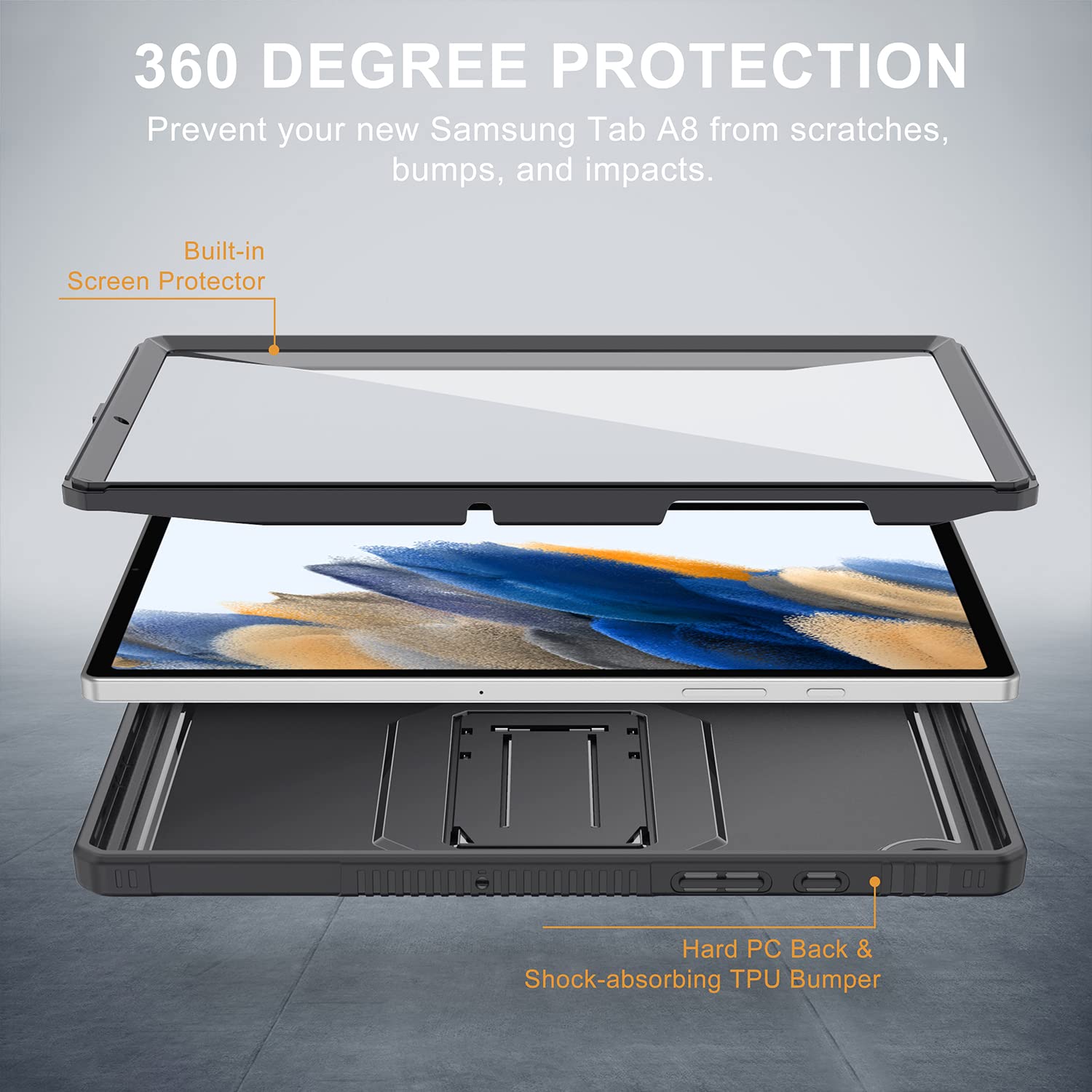 Soke Galaxy Tab A8 Case 10.5 Inch (SM-X200/X205/X207), with Built-in Screen Protector, Rugged Full Body Protective Case for 2022 Samsung Galaxy Tab A8 10.5(Black)