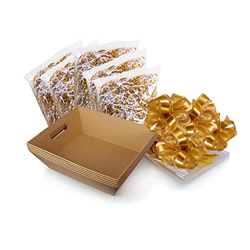 Upper Midland Products [5 Pk] 10x12” Large Big Basket for Gifts Empty, Basket Bags, Gold Pull Bows, Crinkle Cut Paper Shred Filler| DIY Wine Basket Gift Set Kit| Christmas, Easter| Gift to Impress