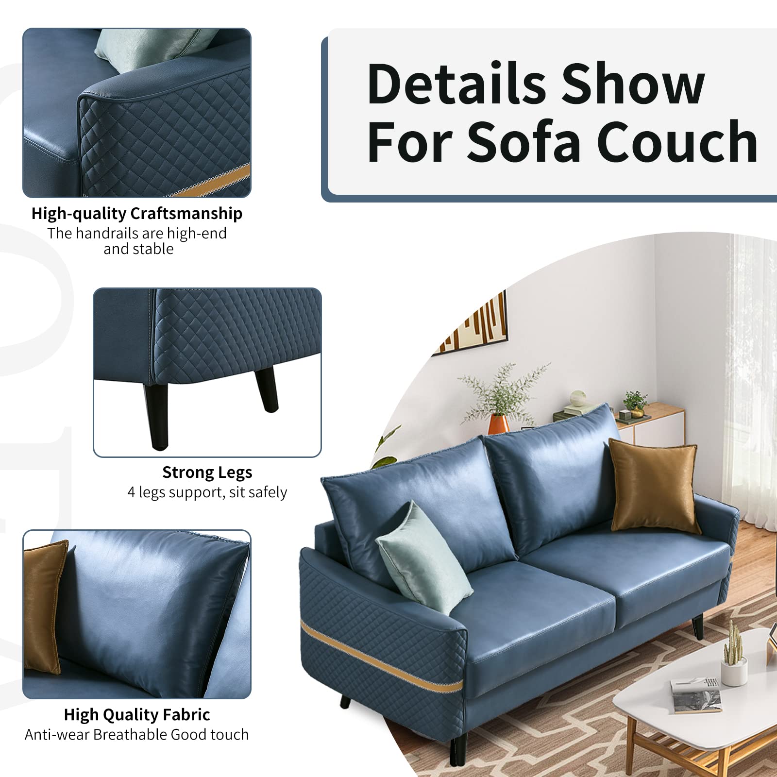 72 inch Small Sofa, Mid-Century 3-Seat Loveseats for Living Room, l Couch Witch 2 Pillows, Faux Leather Dorm Sofa for Apartment, Studio and Small Space, Blue