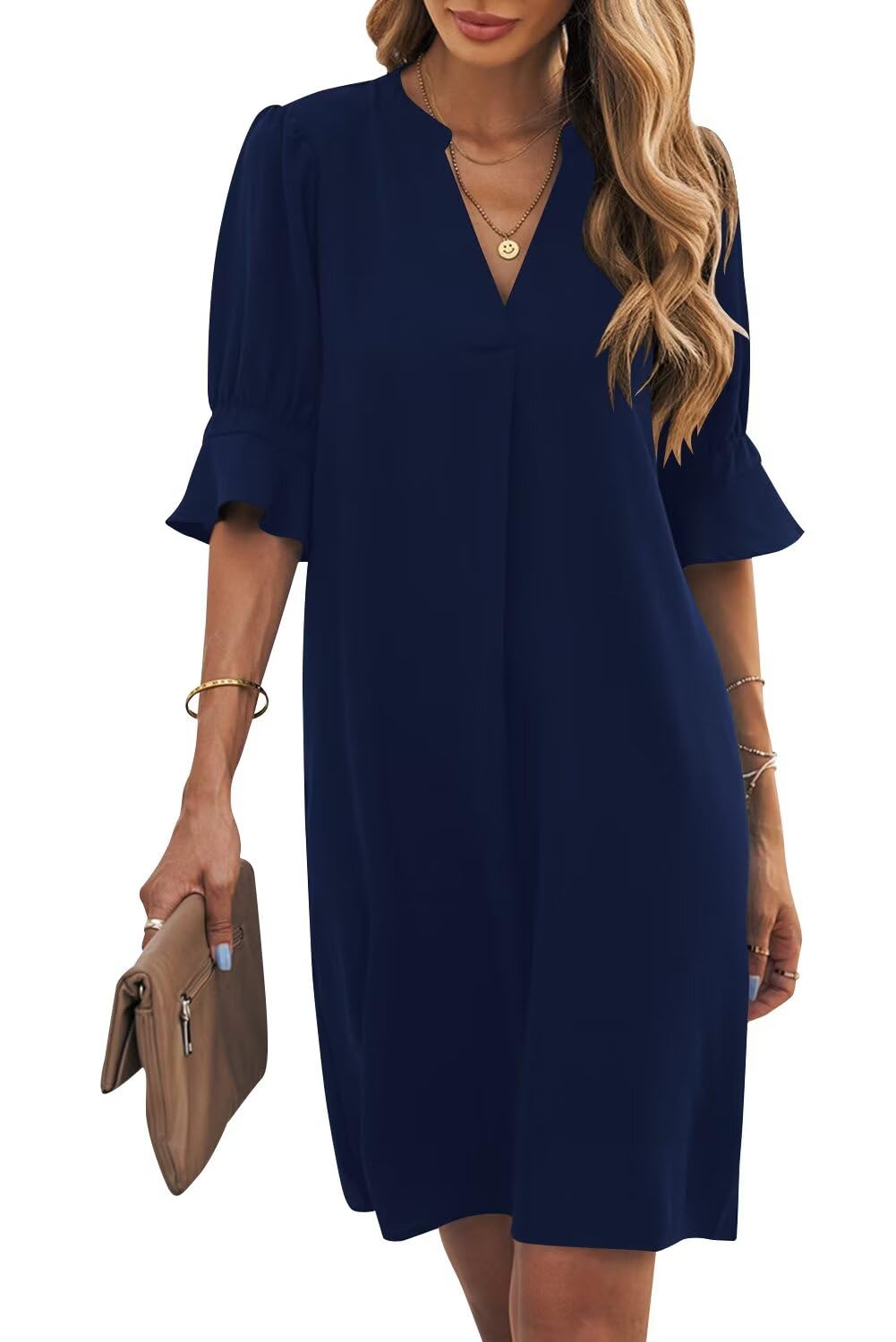 Wkior Women's Shift Dresses Elegant Summer V Neck Casual Flowy Swing Dress Blue S