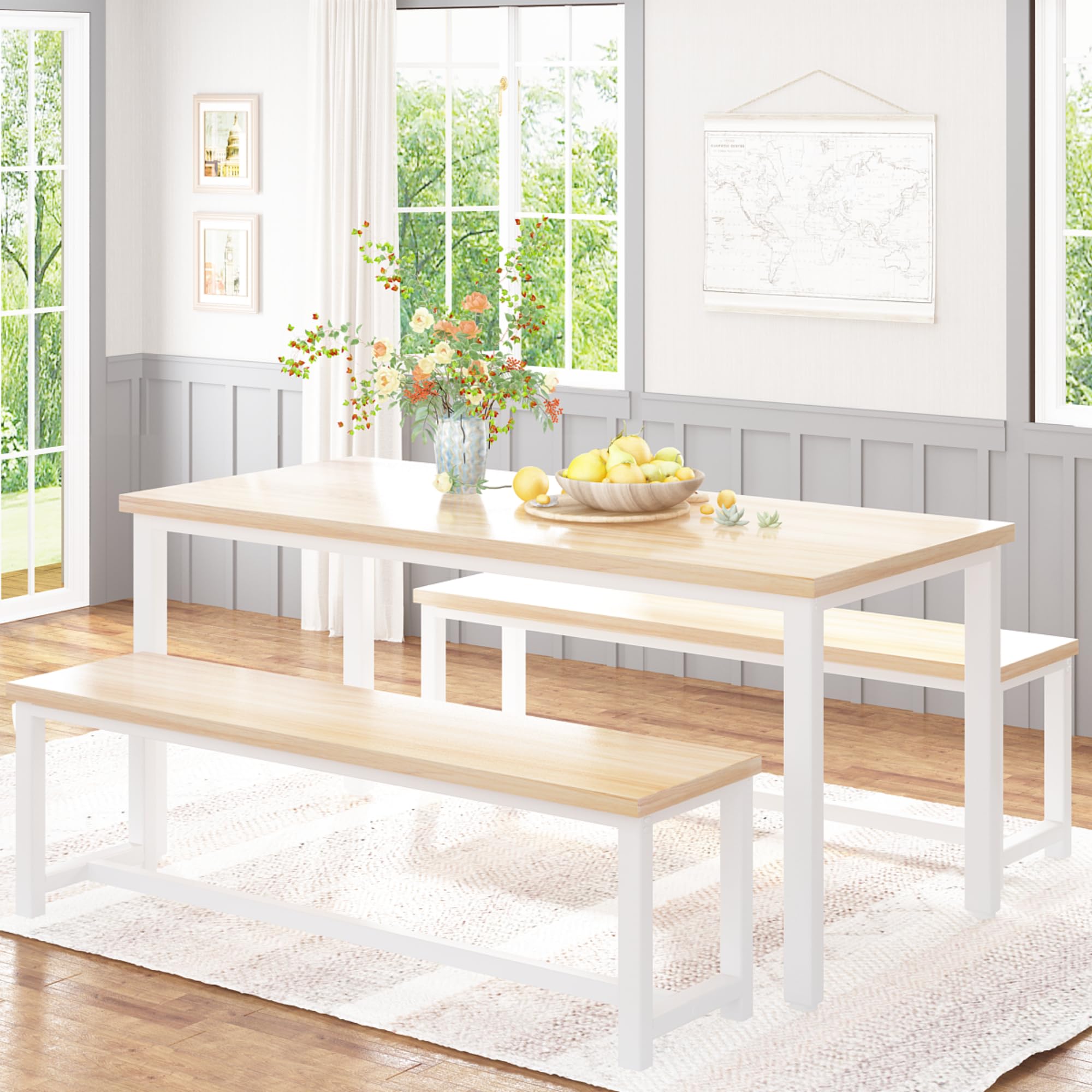 Recaceik 47” Dining Table Set with Benches, 3 Pieces Dining Room Table Set for 4, Wood Kitchen Table and Chair Set, Space Saving Dinette Set for Breakfast Nook, Dining Room, Beige