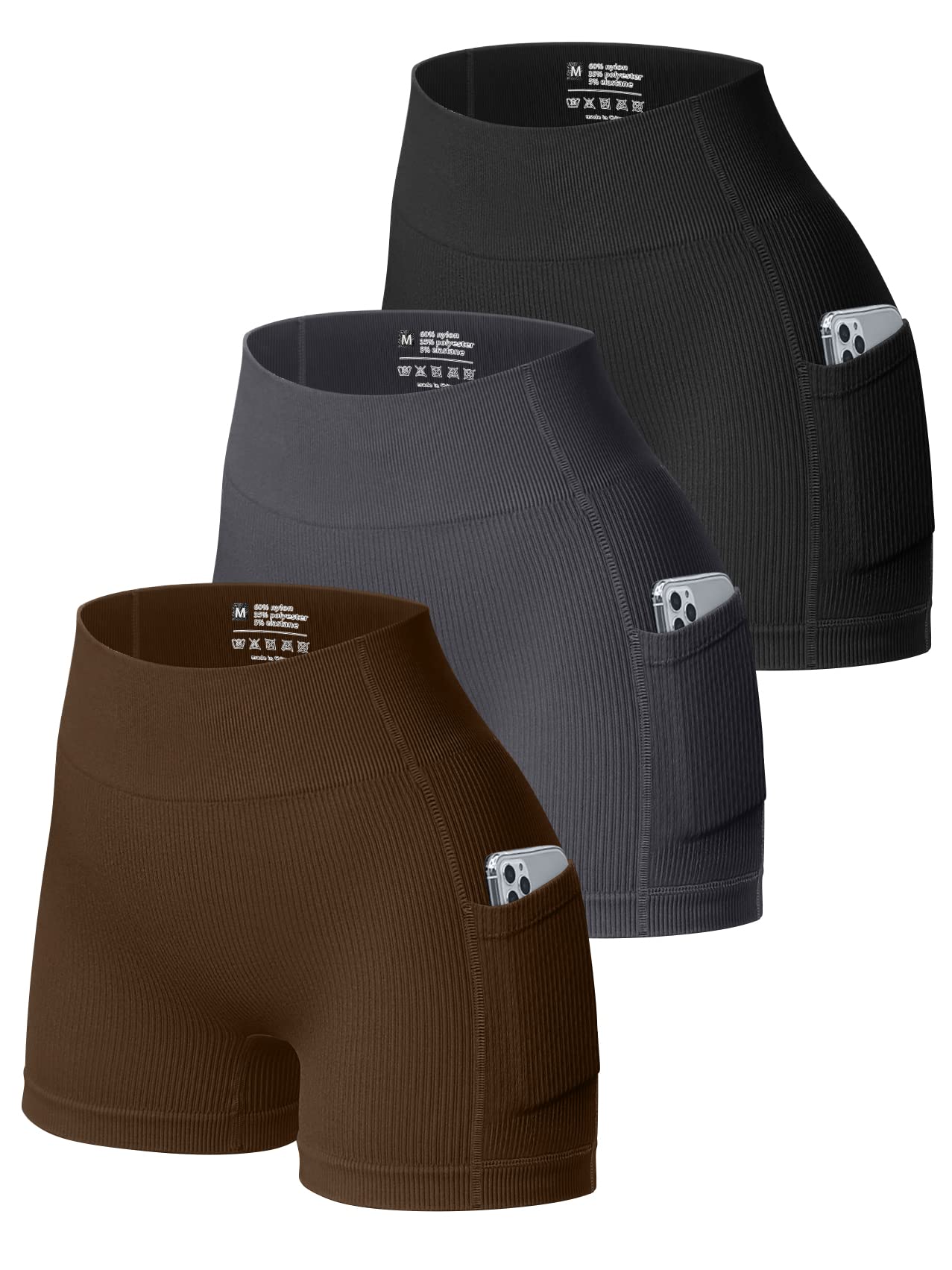 OQQ Women's 3 Piece Athletic Shorts Ribbed Seamless Workout High Waist Shorts with Pockets Black Grey Coffee