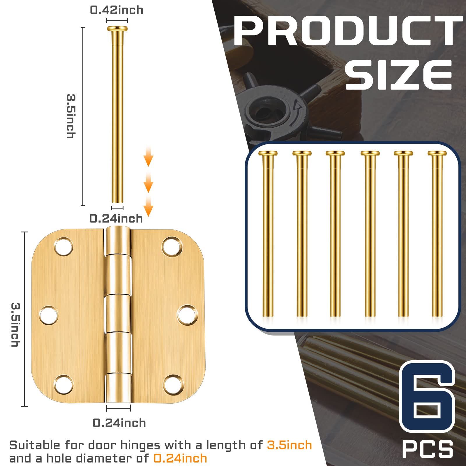 Ferraycle 6 Pack Hinge Pins for Doors 3.5 Inches Hinge Pin Oil Rubbed Bronze Door for Interior Security Replacement(Gold)