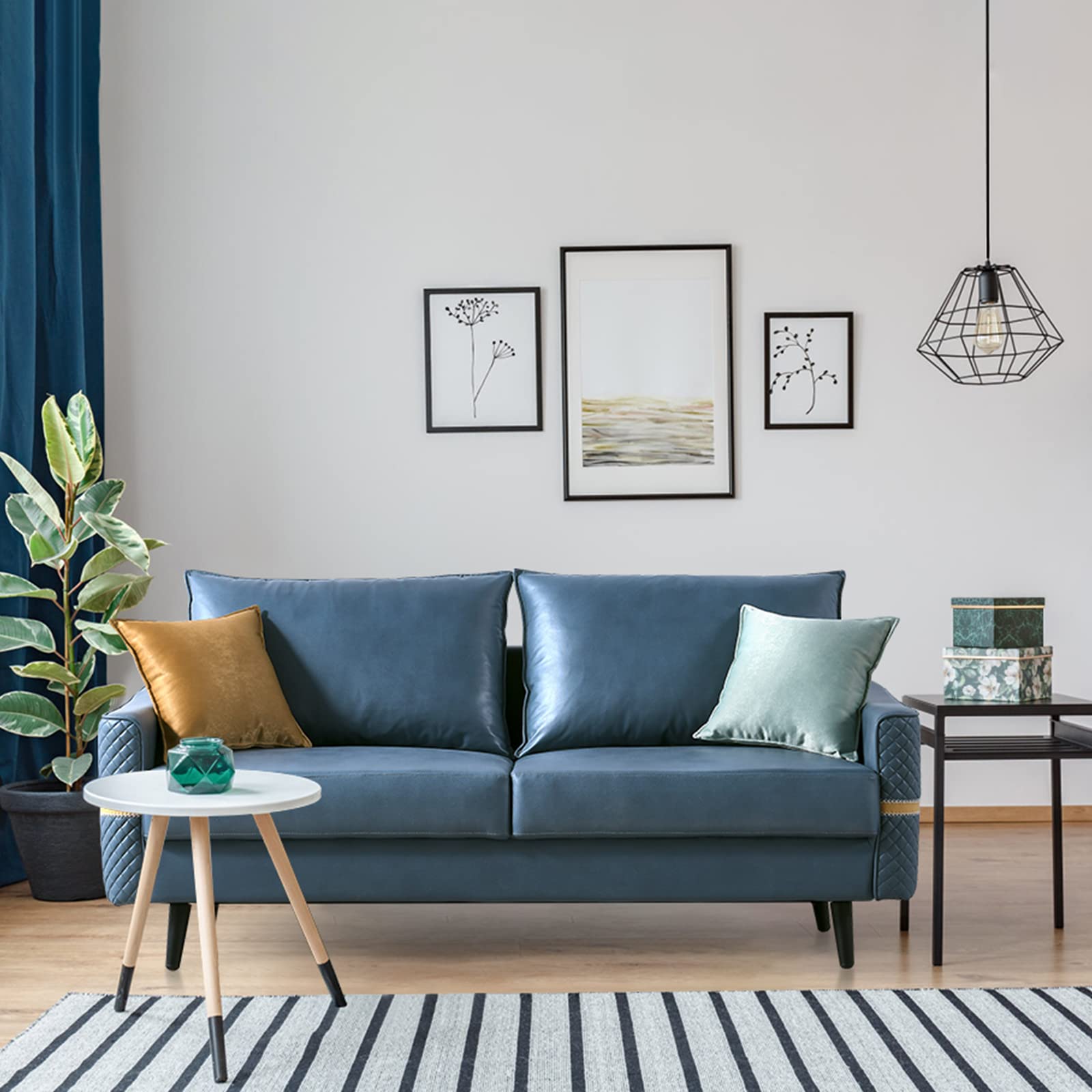 72 inch Small Sofa, Mid-Century 3-Seat Loveseats for Living Room, l Couch Witch 2 Pillows, Faux Leather Dorm Sofa for Apartment, Studio and Small Space, Blue