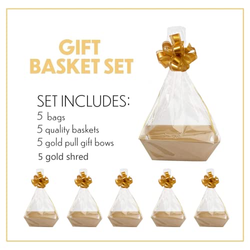 Upper Midland Products [5 Pk] 10x12” Large Big Basket for Gifts Empty, Basket Bags, Gold Pull Bows, Crinkle Cut Paper Shred Filler| DIY Wine Basket Gift Set Kit| Christmas, Easter| Gift to Impress