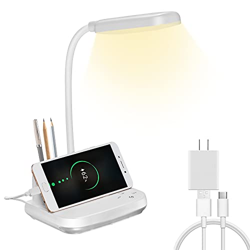 NovoLido LED Desk Lamp with Adapter, Rechargeable Desk Lamp with USB Charging Port, Pen Holder, 4 Color Modes, Flexible Portable Bedside Table Lamp for Kids/Home/Office/Dorm Reading Studying (White)