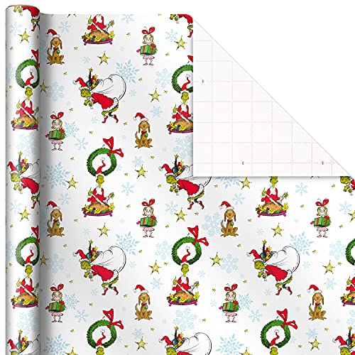 Hallmark Grinch Wrapping Paper for Kids (3 Rolls: 105 Sq. Ft. Ttl) for Christmas with Blue Tiles, White Snowflakes, Cindy Lou Who, Max