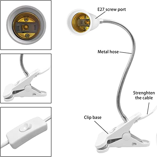 E26/E27 Clip Desk Lamp Holder,2 Pack Flexible Neck Light Bulb Socket,LED Table Light Adapter with On/Off Switch,6.8ft Cable Lighting Fixture,Reading Light Plant Grow Light with Adjustable Gooseneck