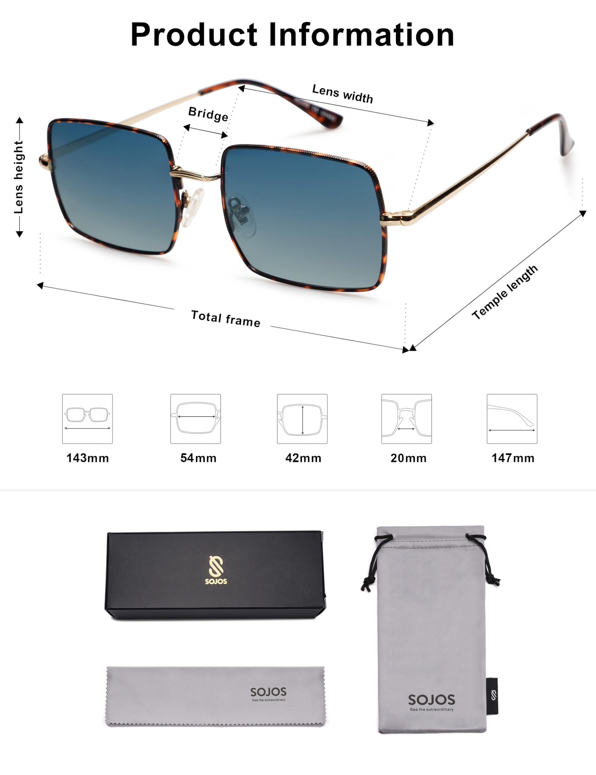 SOJOS Rectangle Polygon Polarized Sunglasses for Women Men Retro Classic Vintage Shades SJ1168 Blue Lens