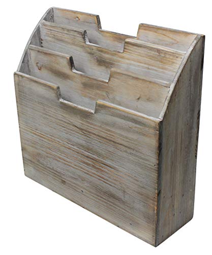 Vintage Rustic Wooden Office Desk Organizer & Vertical Paper File Holder For Desktop, Tabletop, or Counter - Distressed Torched Wood – For Mail, Envelopes, Mailing Supplies, Magazines, or File Folders