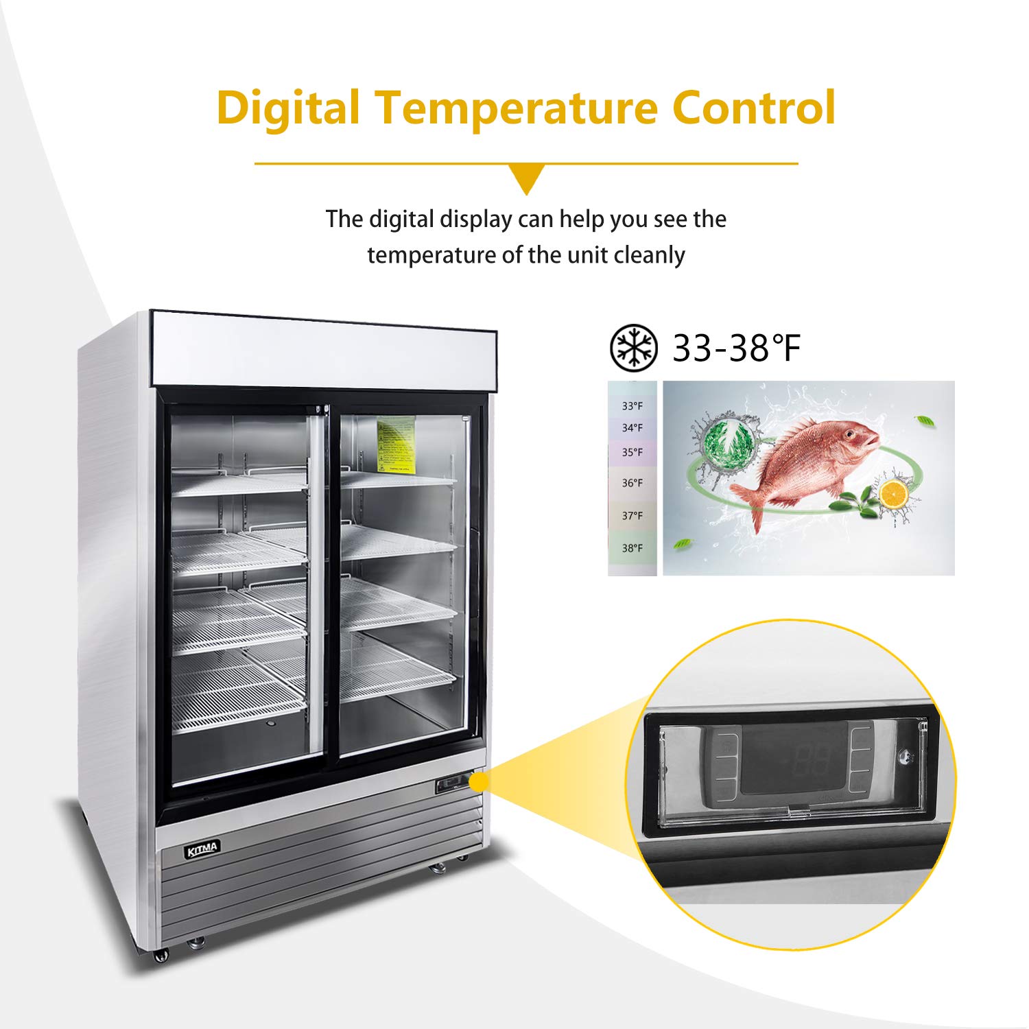 KITMA Two Section Glass Sliding Door Reach-In Refrigerator - Commercial Beverage Refrigerators, Upright Merchandiser Refrigerator, Beverage Cooler with LED Lighting - 48 Cu. Ft