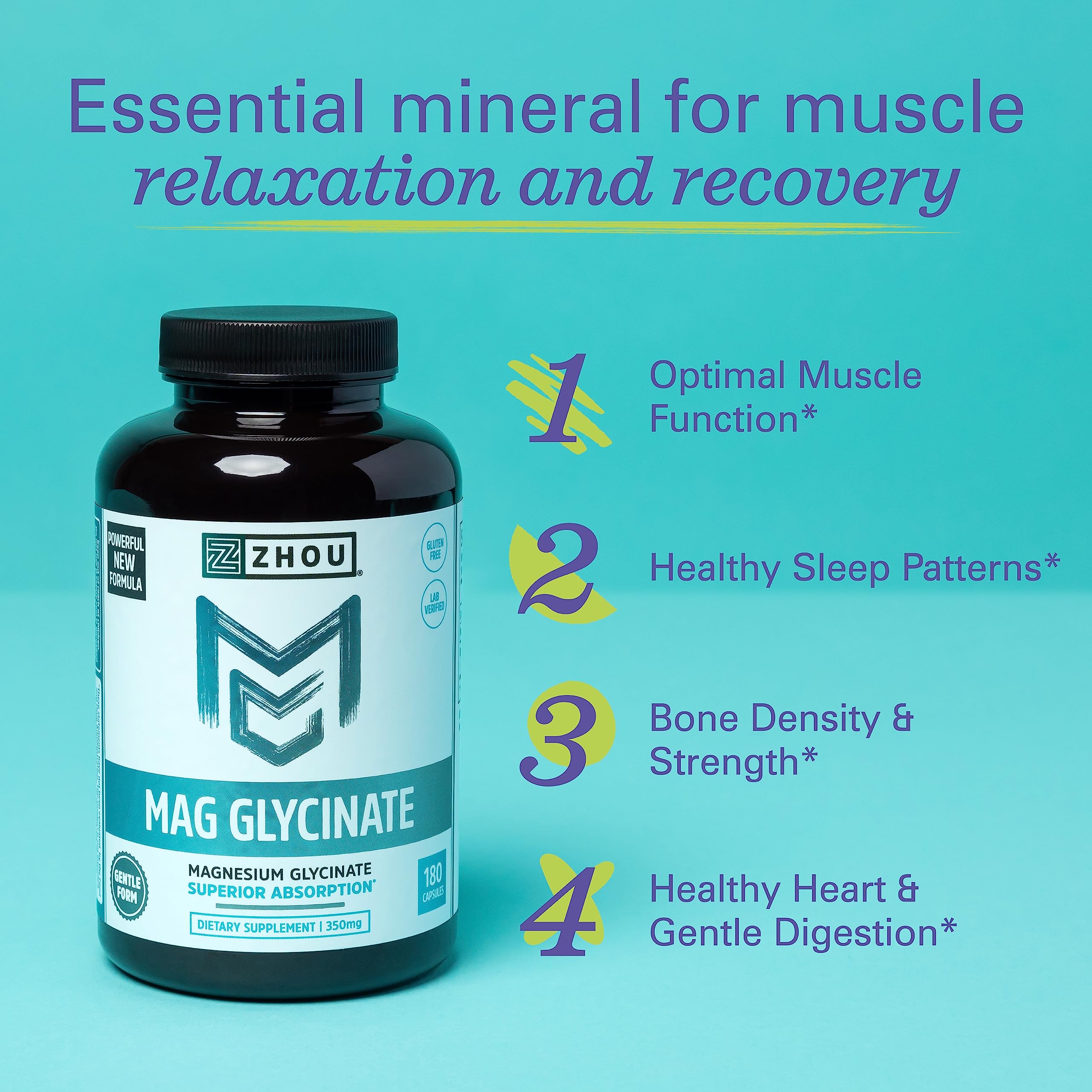 Zhou Magnesium Glycinate Complex 350 mg, High Absorption, Muscle Relaxation & Recovery, Healthy Sleep, Bone Strength, Heart Health, Vegan, Non-GMO, 45 Servings, 180 Capsules