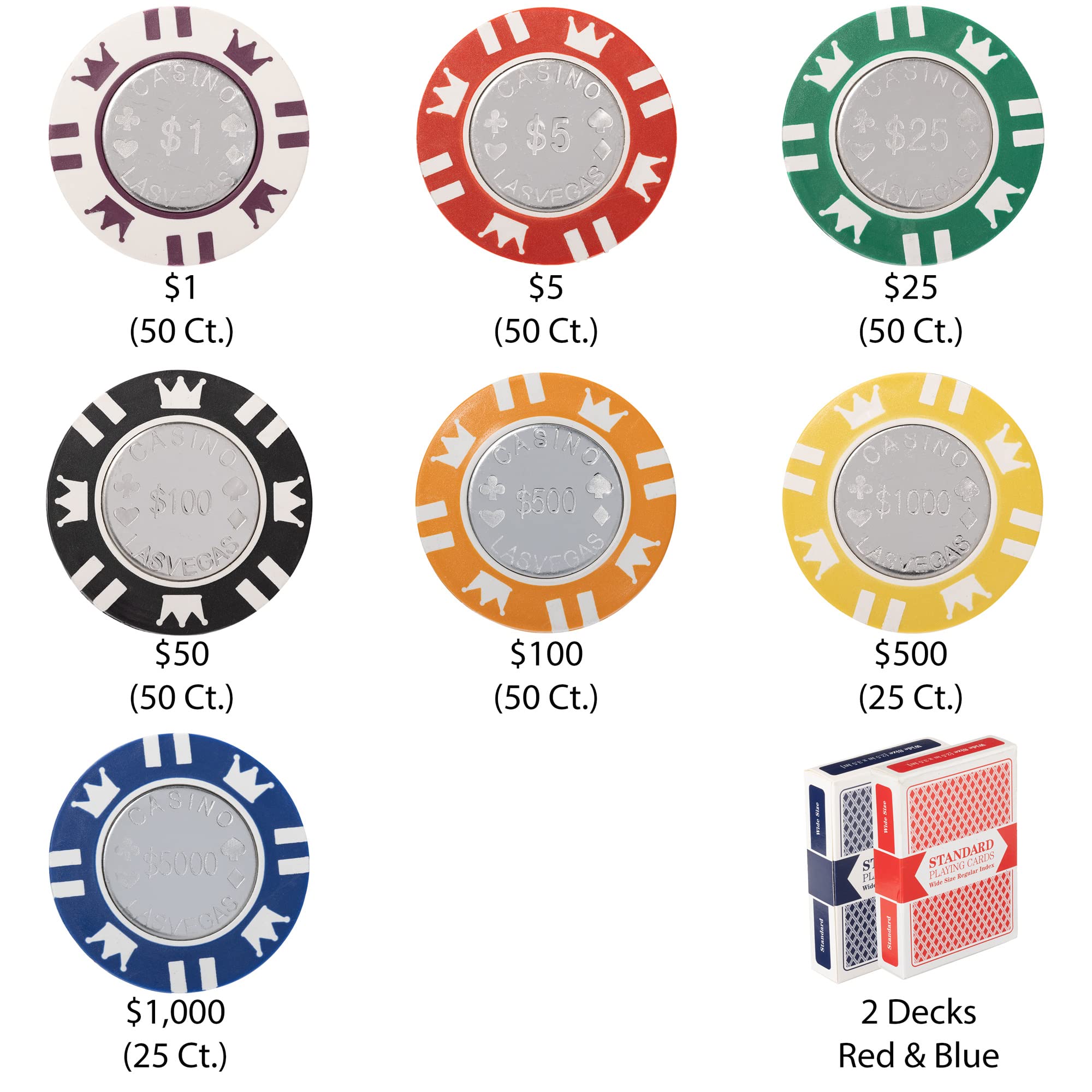 Coin Inlay Poker Chip Set in Wooden Carousel Carry Case - Casino 15-Gram Quality Chips with Silver Metal Inserts - Convenient Rotating Tray Includes Playing Card Decks - Chip Protection (300 ct.)