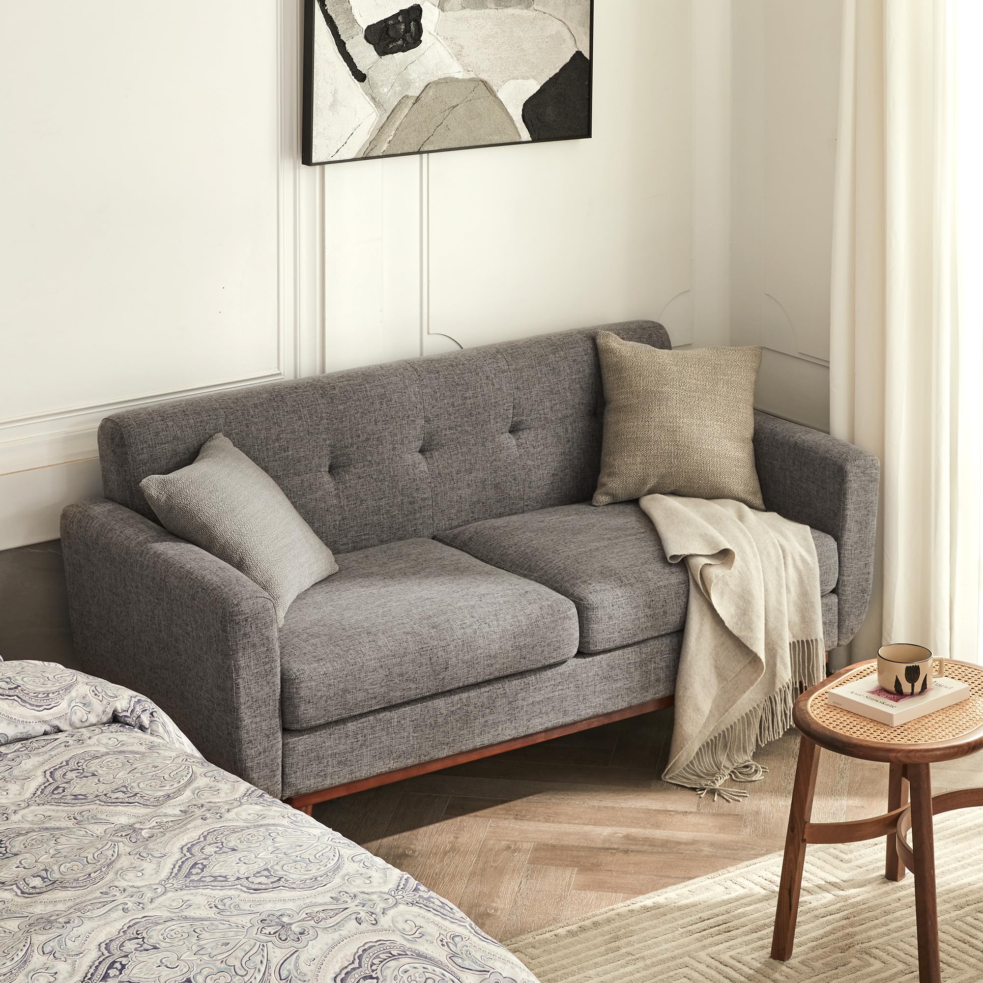 Kingfun 65.2" W Loveseat Sofa, Mid Century Modern Decor Love Seat Couches for Living Room, Button Tufted Upholstered Furniture, Solid & Easy to Install Small Couch for Bedroom Office Apartment, Grey