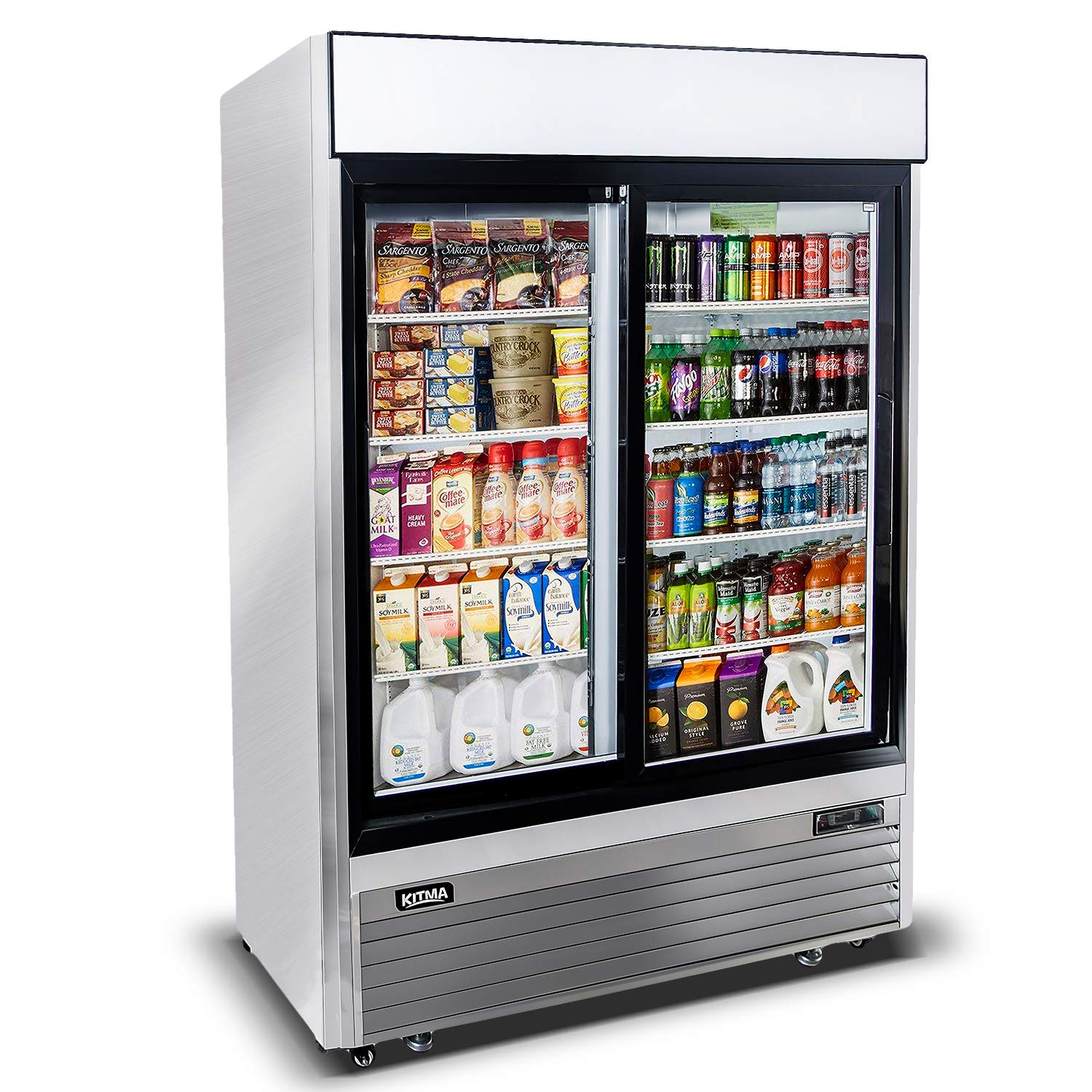 KITMA Two Section Glass Sliding Door Reach-In Refrigerator - Commercial Beverage Refrigerators, Upright Merchandiser Refrigerator, Beverage Cooler with LED Lighting - 48 Cu. Ft