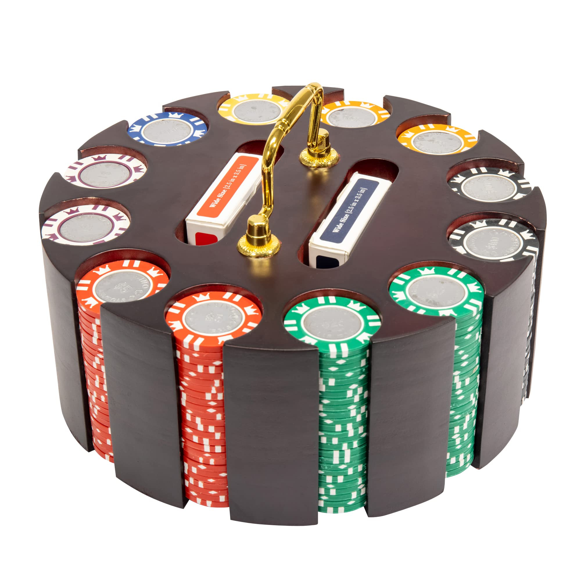 Coin Inlay Poker Chip Set in Wooden Carousel Carry Case - Casino 15-Gram Quality Chips with Silver Metal Inserts - Convenient Rotating Tray Includes Playing Card Decks - Chip Protection (300 ct.)