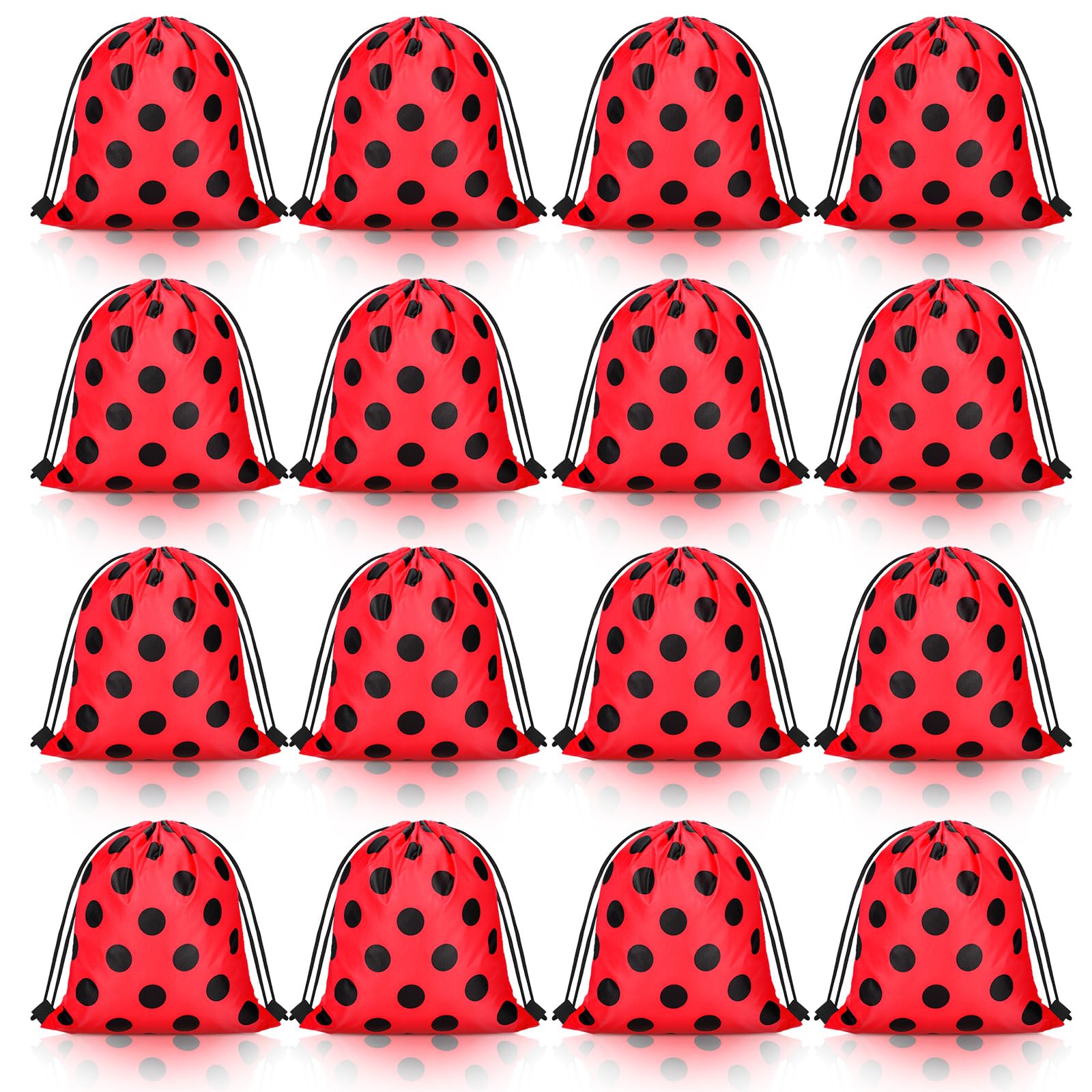 Woanger Ladybug Party Drawstring Bags Ladybug Party Favors Red Black Polka Dots Candy Goodie Gift Bags for Birthday Baby Shower Supplies(16 Pcs)