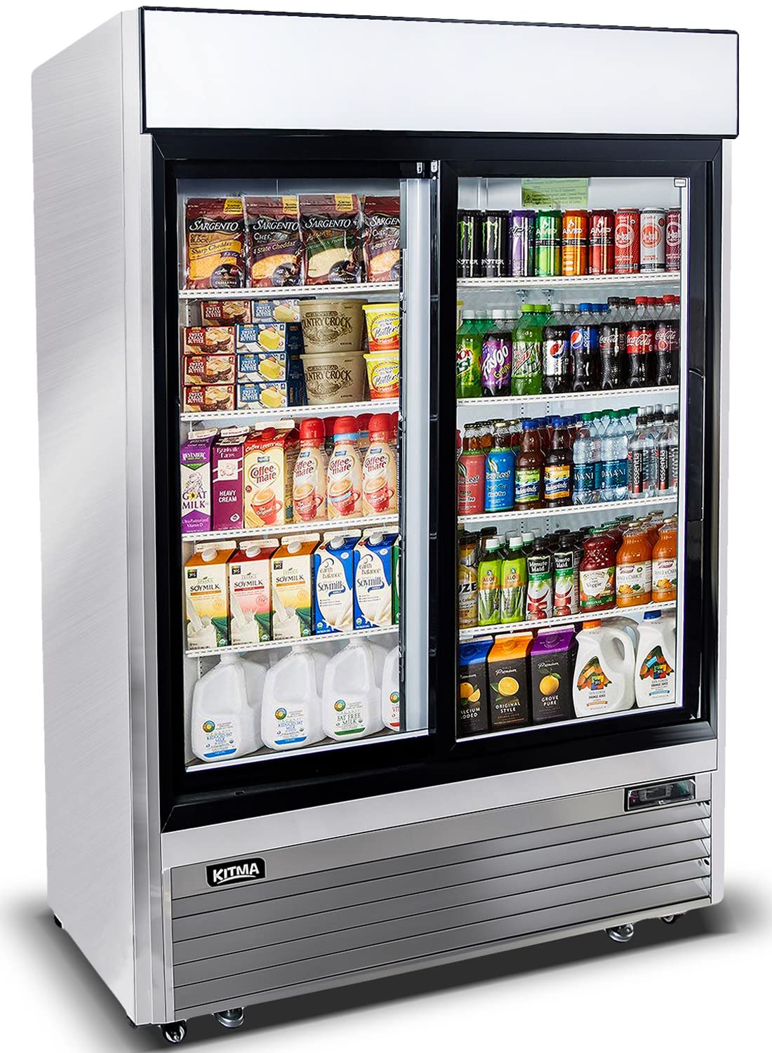 KITMA Two Section Glass Sliding Door Reach-In Refrigerator - Commercial Beverage Refrigerators, Upright Merchandiser Refrigerator, Beverage Cooler with LED Lighting - 48 Cu. Ft