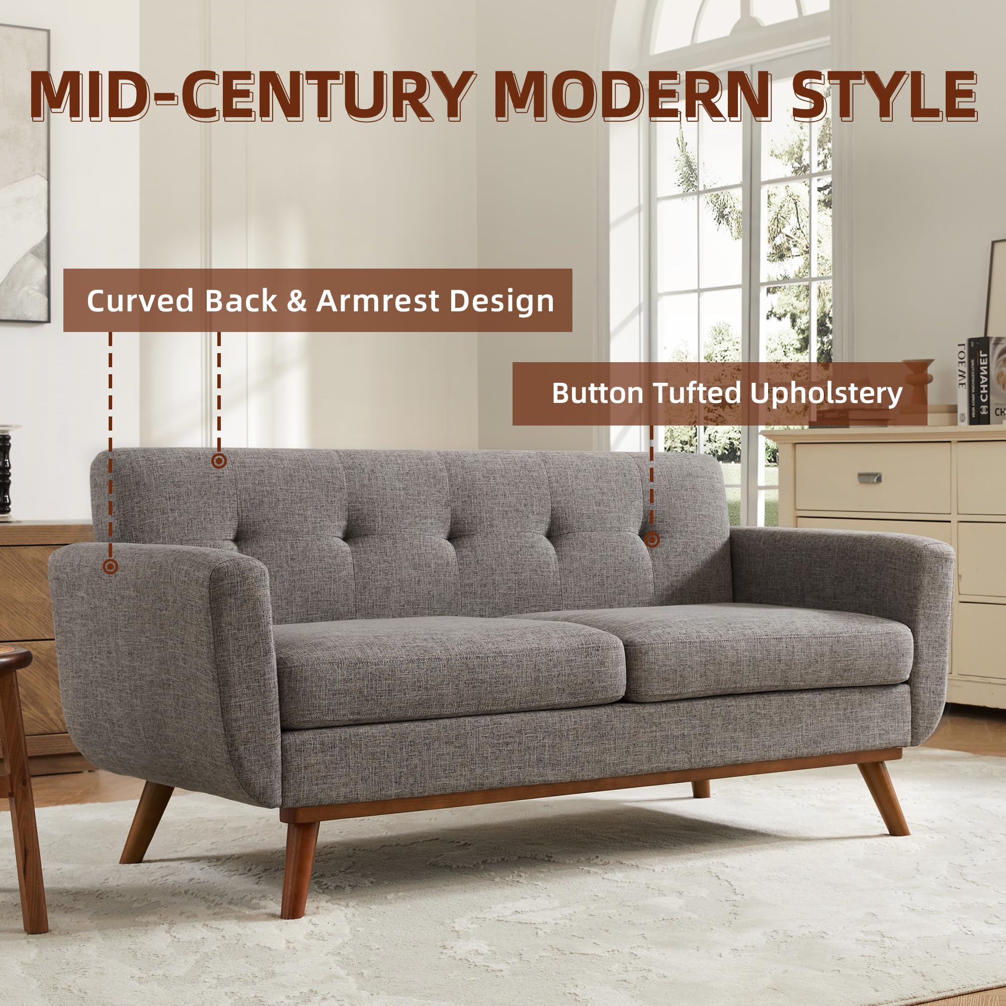 Kingfun 65.2" W Loveseat Sofa, Mid Century Modern Decor Love Seat Couches for Living Room, Button Tufted Upholstered Furniture, Solid & Easy to Install Small Couch for Bedroom Office Apartment, Grey