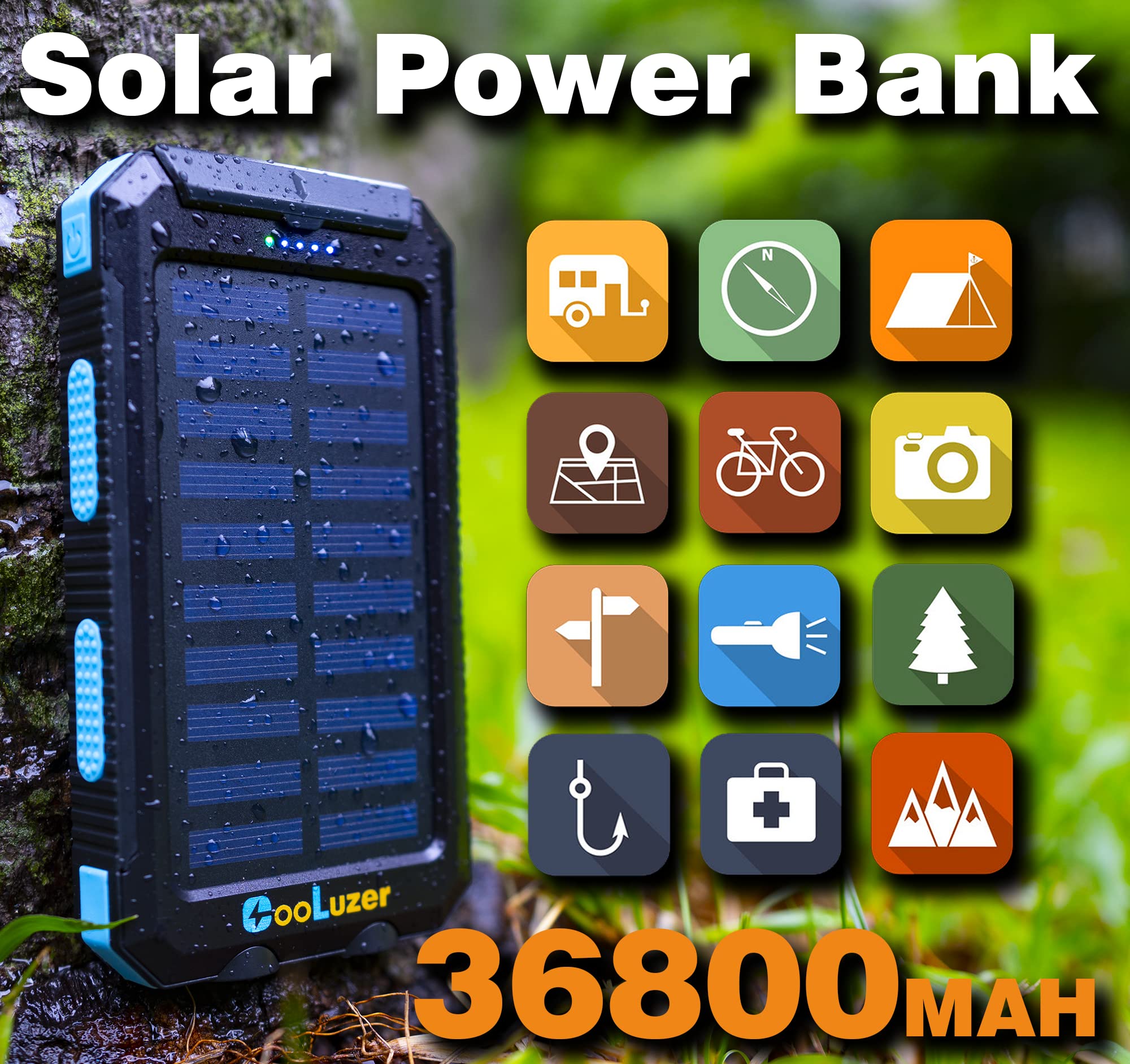 Solar Power Bank 36800mah, Solar Charger Power Bank with 18W PD 5V 3.1A outputs, IP67 Waterproof, Grade A+ Battery with LED Flashlight and Compass, Perfect Camping Gear Accessory for Outdoor (Blue)