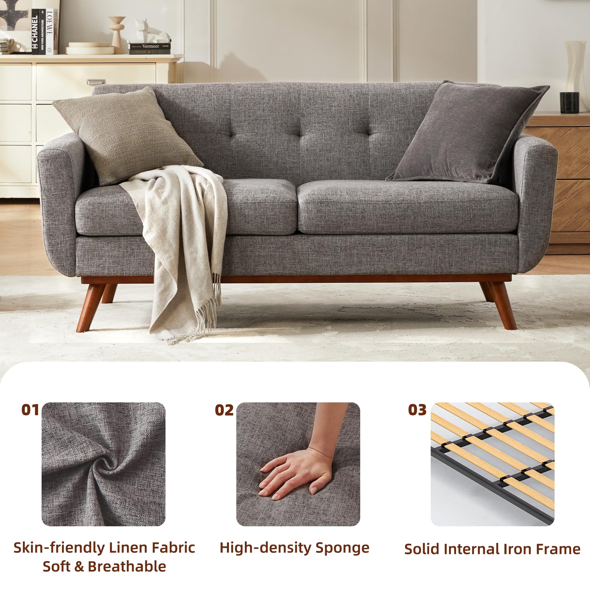 Kingfun 65.2" W Loveseat Sofa, Mid Century Modern Decor Love Seat Couches for Living Room, Button Tufted Upholstered Furniture, Solid & Easy to Install Small Couch for Bedroom Office Apartment, Grey