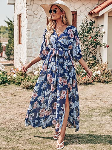 ANRABESS Women’s Summer Loose Boho Flowy Wrap V Neck 3/4 Sleeve Floral Print Slit Beach Wedding Guest Long Maxi Dresses Navy Flor Large