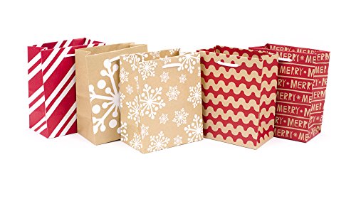 Hallmark 6" Small Holiday Gift Bag Set (Pack of 5; Red, White and Kraft) Snowflakes, Stripes, Merry