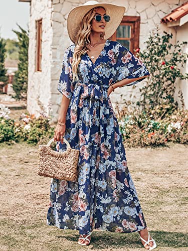 ANRABESS Women’s Summer Loose Boho Flowy Wrap V Neck 3/4 Sleeve Floral Print Slit Beach Wedding Guest Long Maxi Dresses Navy Flor Large