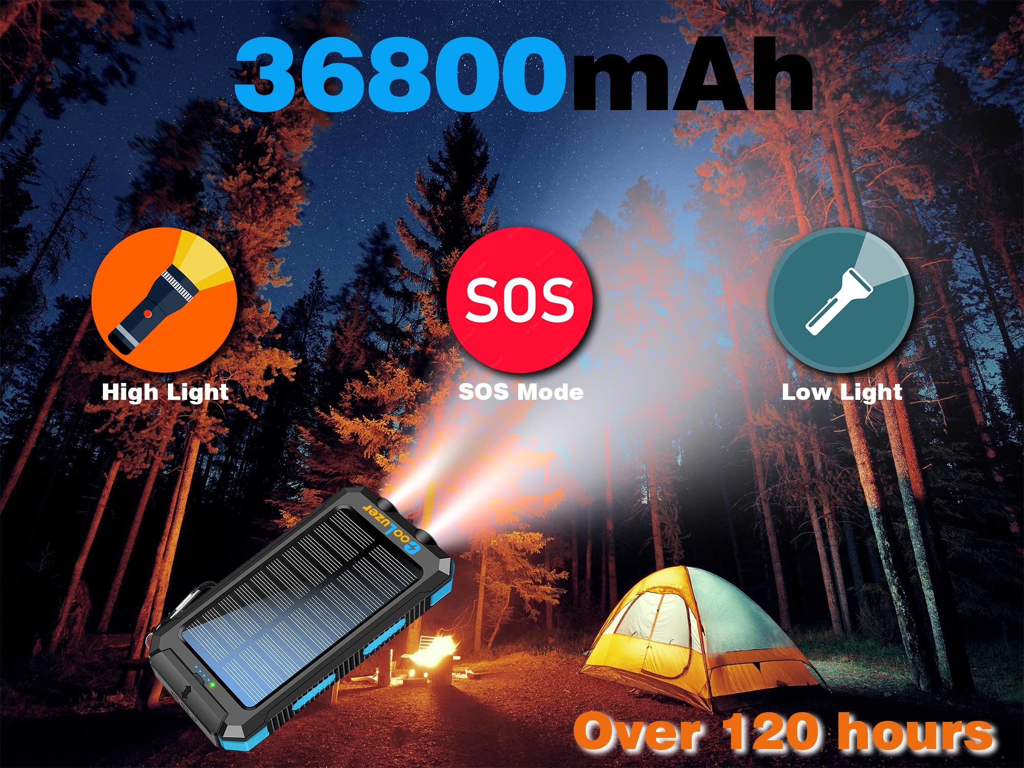 Solar Power Bank 36800mah, Solar Charger Power Bank with 18W PD 5V 3.1A outputs, IP67 Waterproof, Grade A+ Battery with LED Flashlight and Compass, Perfect Camping Gear Accessory for Outdoor (Blue)