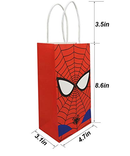 NiceLife 12 Pieces Spider Web Printed Kraft Paper Goodie Gift Bags with Handle for Kids Superhero Themed Birthday Party Decorations